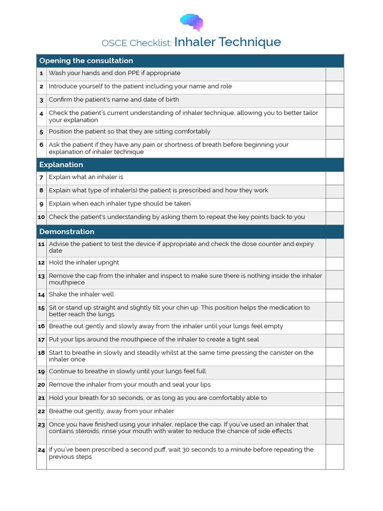 Inhaler Technique: OSCE Checklist | PDF | Health Sciences | Medical ... Inhaler Technique: OSCE Checklist | PDF | Health Sciences | Medical ...