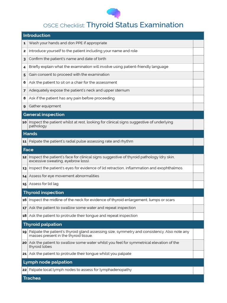 Comprehensive Thyroid Examination: A Step-by-Step OSCE Checklist | PDF | Thyroid | Physical ...
