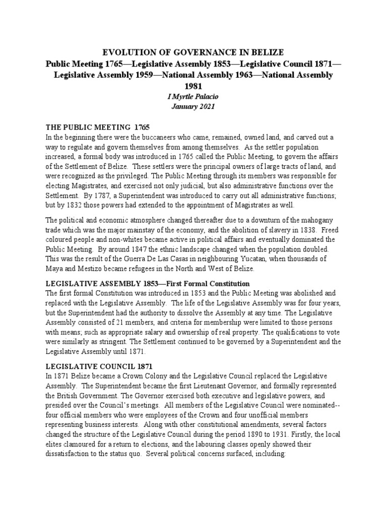 EVOLUTION OF GOVERNANCE OF BELIZE: Public Meeting 1765 To National ...