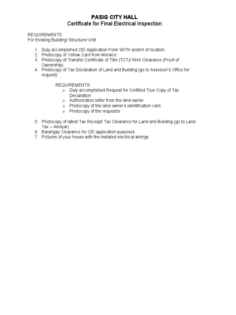 Certificate For Final Electrical Inspection: Pasig City Hall | PDF ...