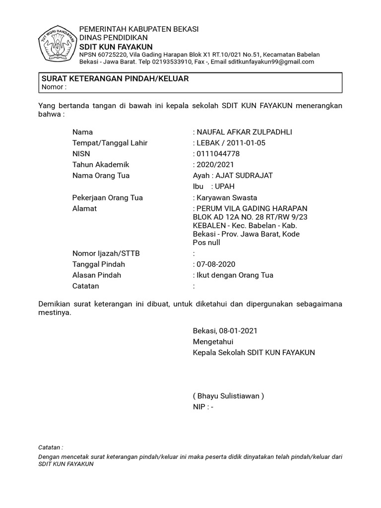 Contoh Surat Mutasi Siswa | PDF
