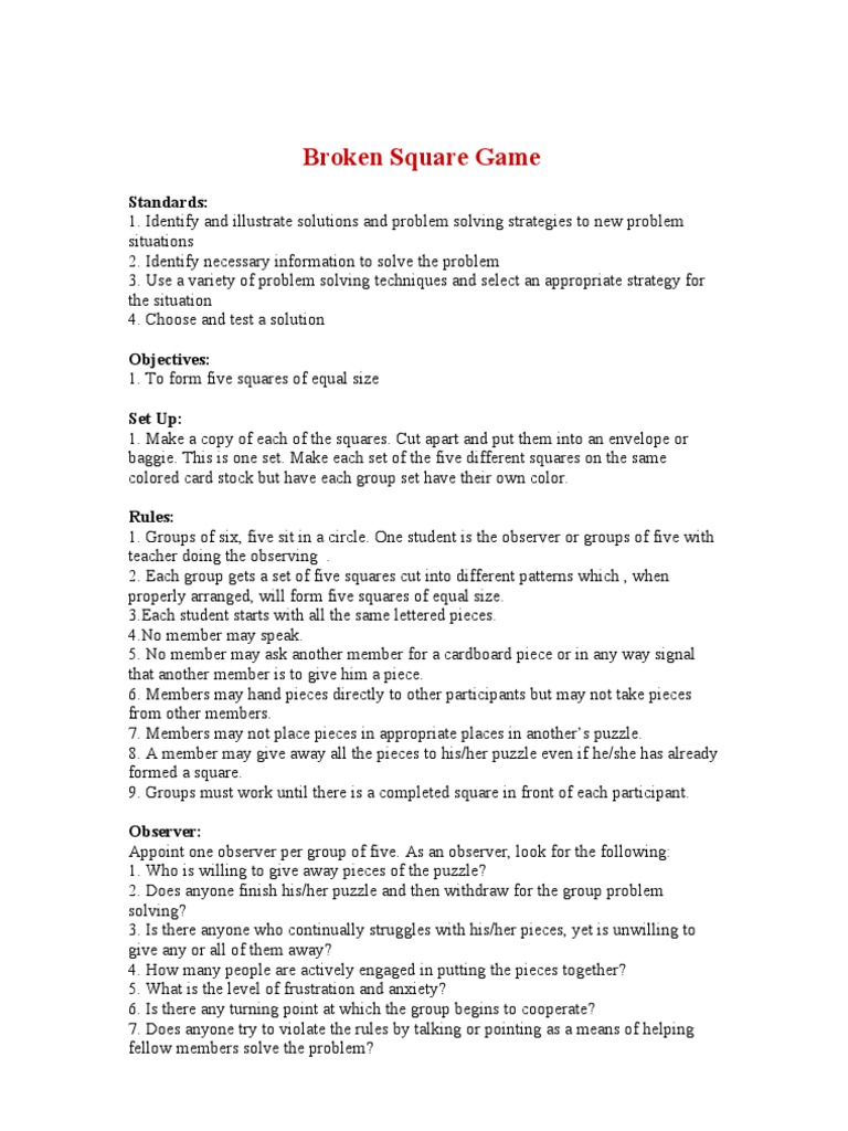Broken Squares Team Building Activity | PDF