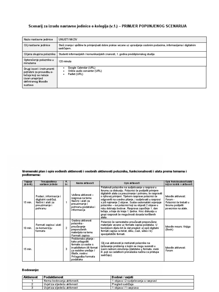 01 Predlozak Popunjenog Scenarija Nastavne Jedinice e Kolegija | PDF