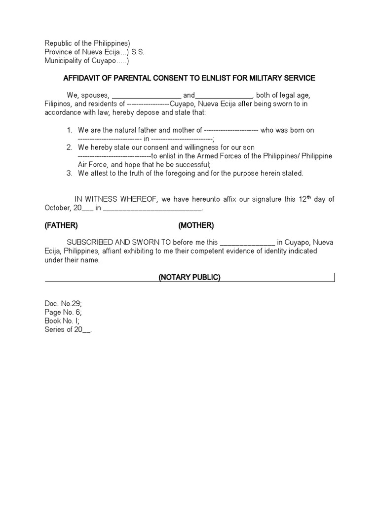 Affidavit of Parental Consent - Military Service | PDF