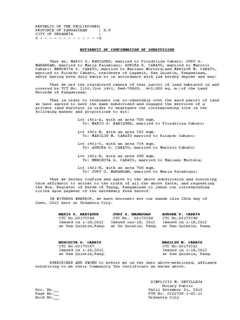 Affidavit of Subdivision Confirmation | PDF | Natural Resources Law ...