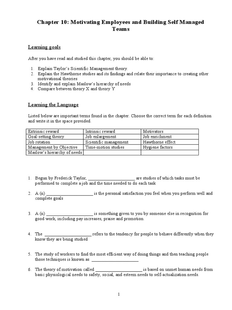 Chapter 10 Worksheet | PDF | Motivation | Motivational