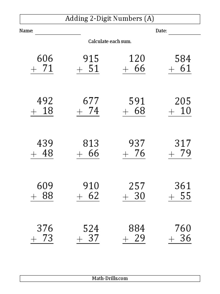 Adding 2-Digit Numbers (A) : Name: Date: Calculate Each Sum | PDF