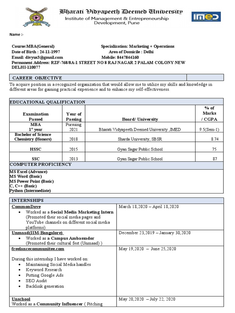 BVDU IMED CV Format | PDF | Social Media | Popular Culture & Media Studies
