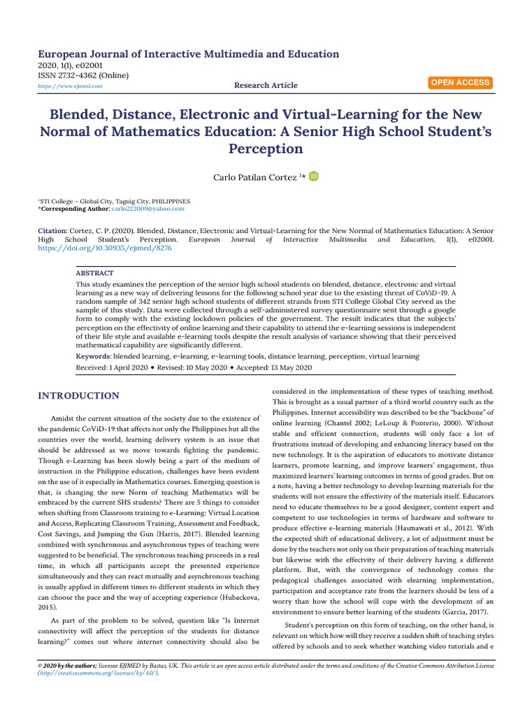 Blended Distance Electronic And Virtual Learning For The New Normal Of