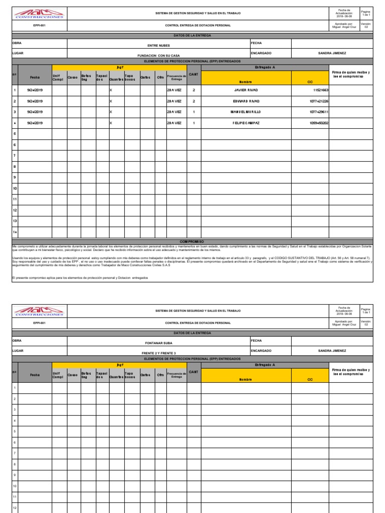 Entrega Individual de Elementos de Proteccion Personal (Epp) | PDF