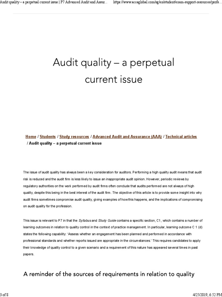 Audit Quality Â - A Perpetual Current Issue - P7 Advanced Audit and ...
