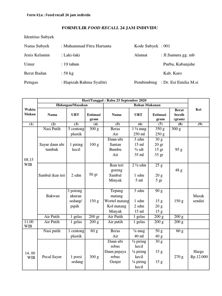 Form K1a - FORMULIR FOOD RECALL 24 JAM INDIVIDU | PDF