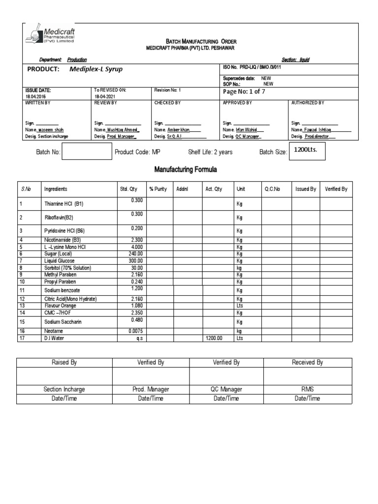 PRODUCT: Mediplex-L Syrup: Manufacturing Formula | PDF | Chemical ...