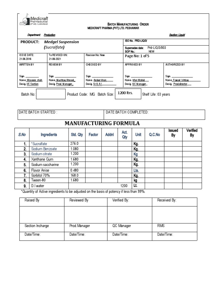 Manufacturing Formula: PRODUCT: Medgel Suspension (Sucralfate) | PDF ...