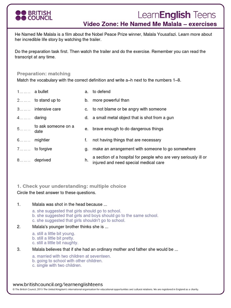 Video Zone: He Named Me Malala - Exercises: Preparation: Matching | PDF ...