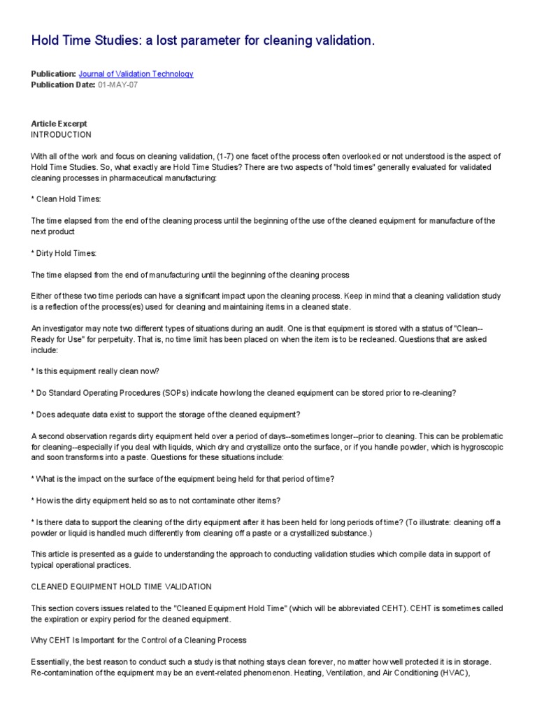 Hold Time Studies: A Lost Parameter For Cleaning Validation | PDF | Nature