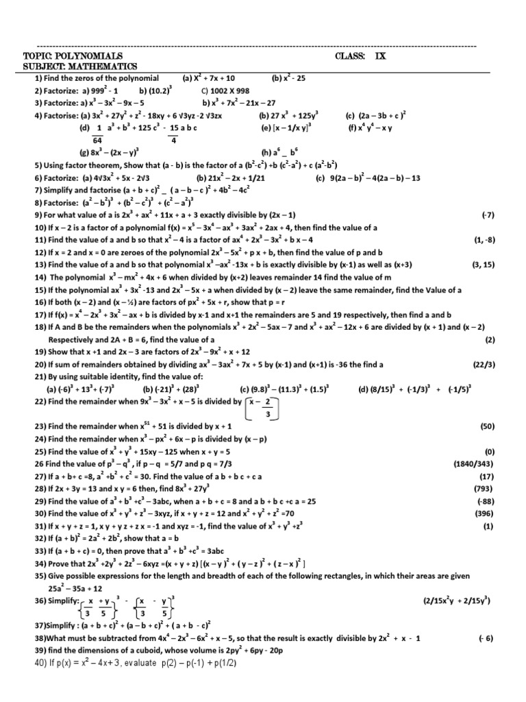 CBSE Class 9 Mathematics Worksheet - Polynomials | PDF | Factorization ...