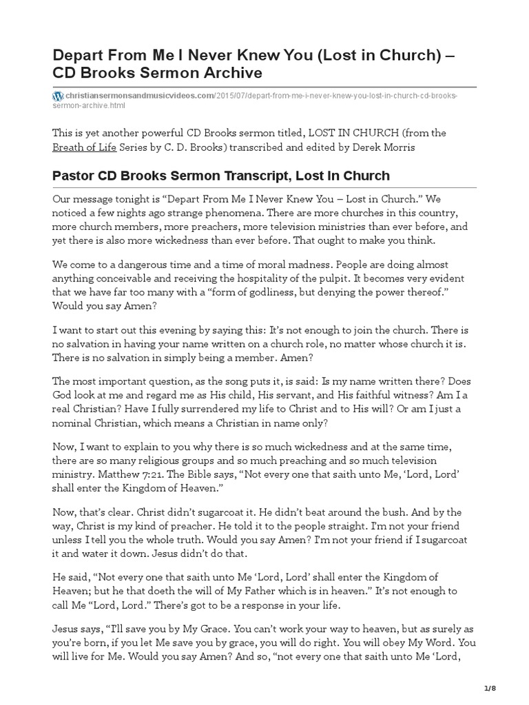 CD Brooks Sermon: Depart From Me I Never Knew You (Lost in Church ...
