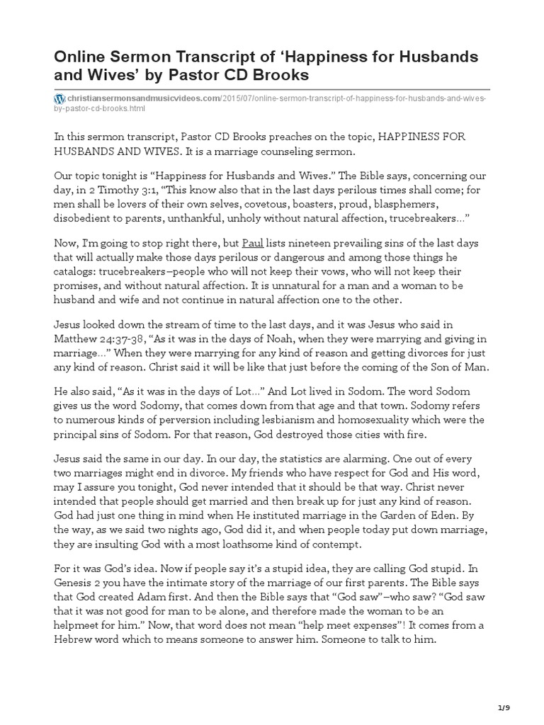 SDA Sermon Transcript: Happiness For Husbands and Wives by Dr. CD ...