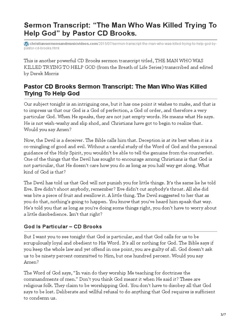 CD Brooks Sermon Transcript: The Man Who Was Killed Trying To Help God ...