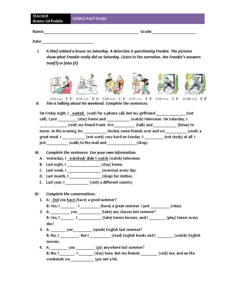 Simple Past Tense Exam for Students | PDF