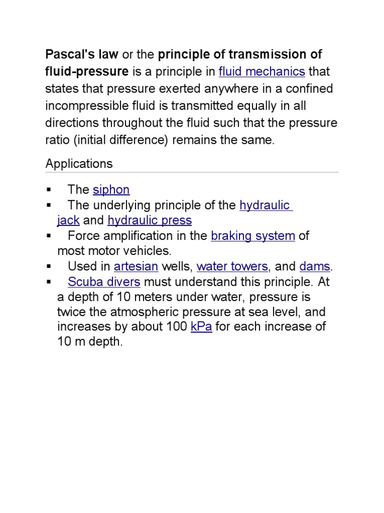 Fluid Mechanics: Pascal's Law or The Principle of Transmission of Fluid ...