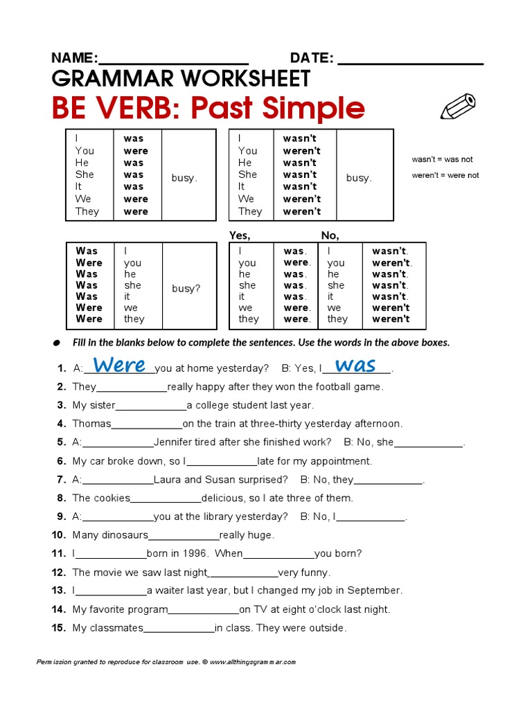 BE VERB: Past Simple: Grammar Worksheet | PDF | Language Mechanics ...