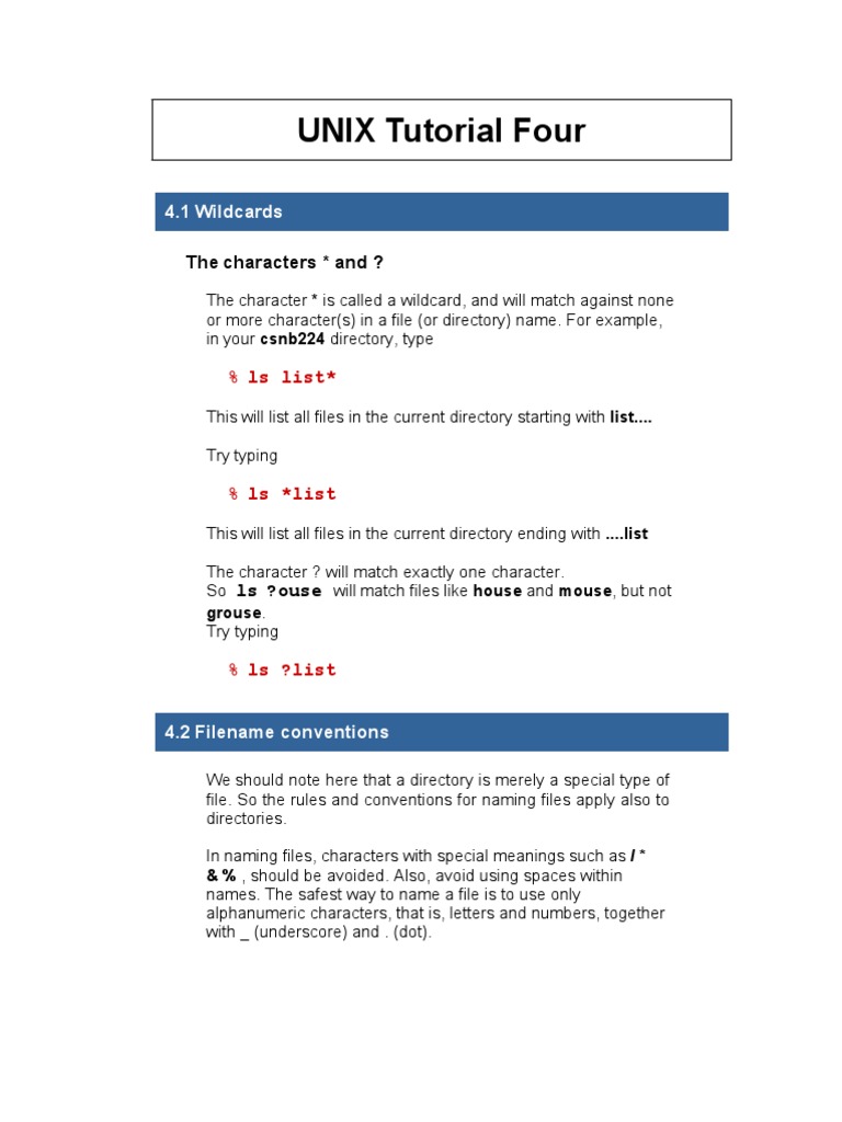UNIX Tutorial Four: 4.1 Wildcards | Download Free PDF | Filename | Computer File