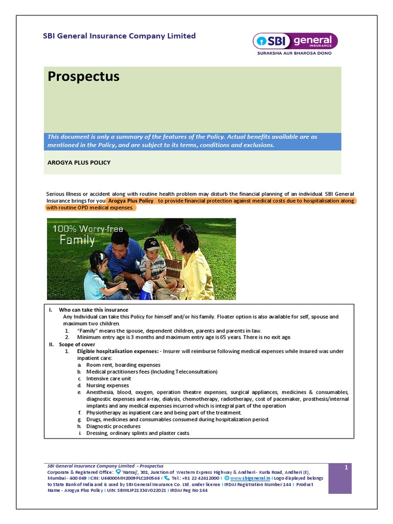SBI General Arogya Plus Policy Prospectus | PDF | Insurance | Hospital