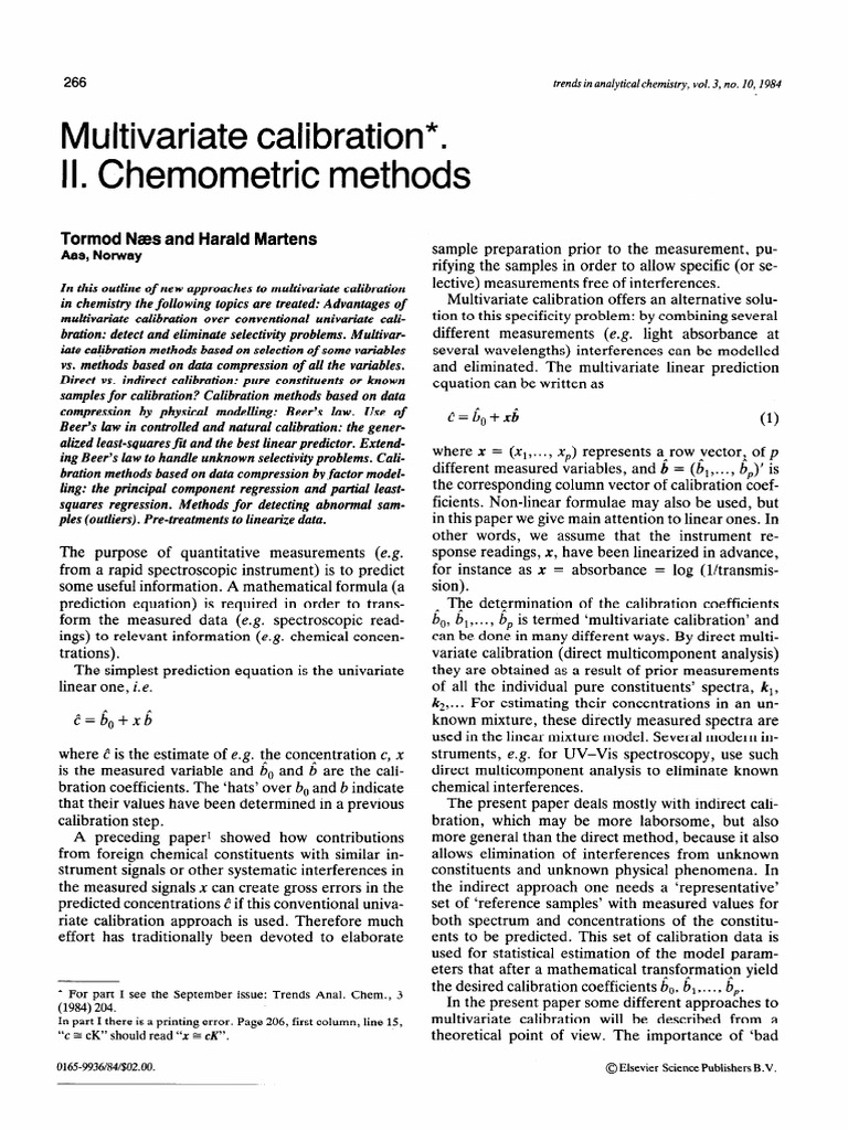 Multivariate Calibration . II. Chemometric Methods: Tormod Naes and Harald Martens | PDF ...