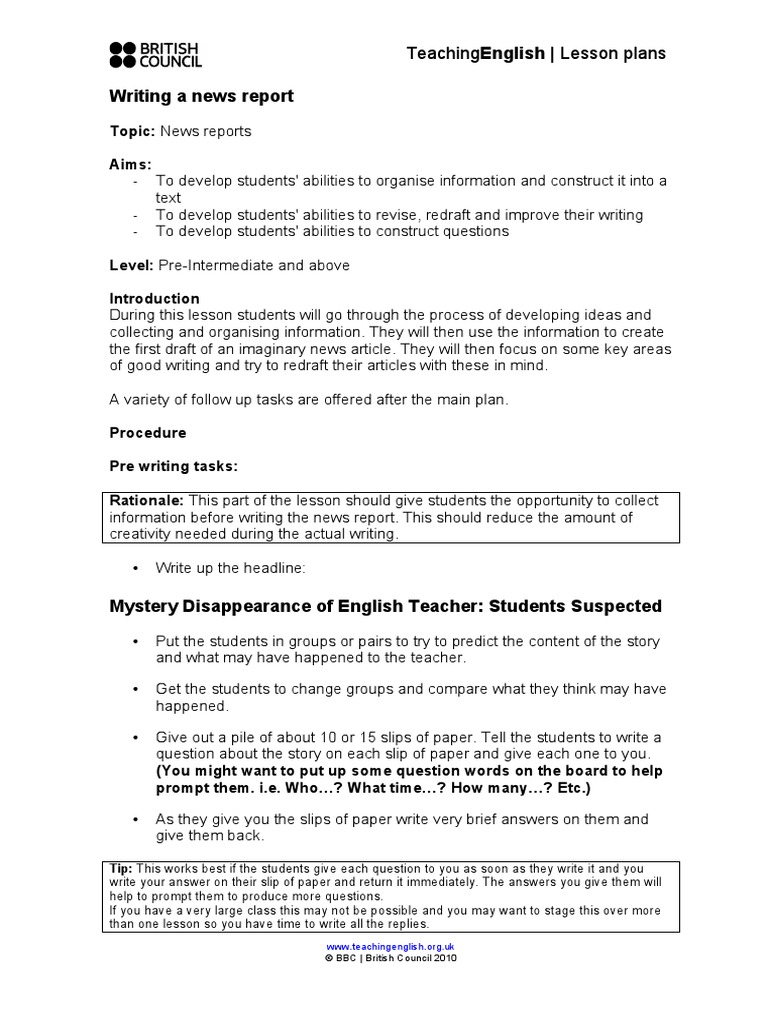 Writing A News Report - Lesson Plan | PDF | Lesson Plan | Verb
