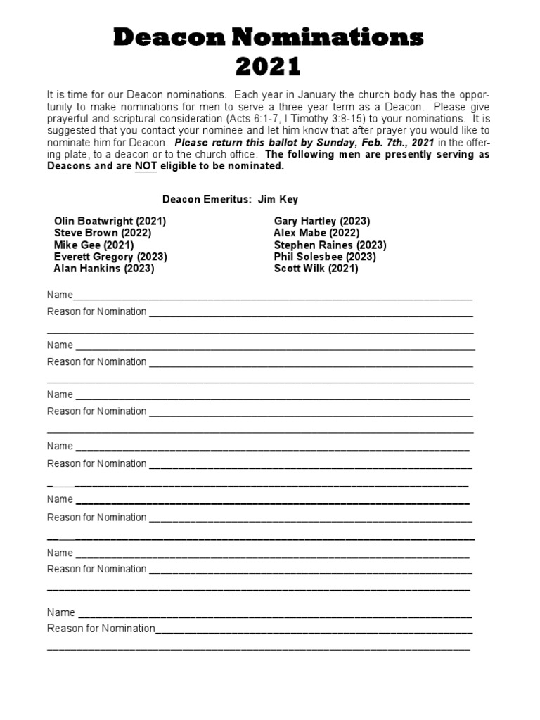 2021 Deacon Nomination Ballot | PDF | Voting