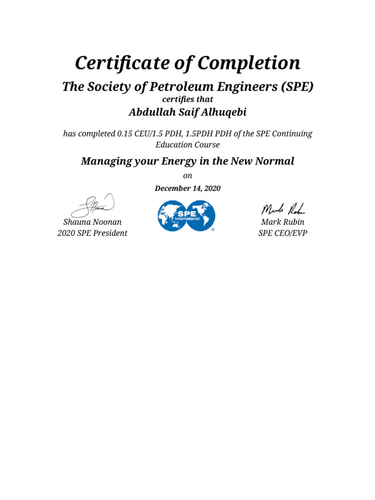 Certificate of Completion: The Society of Petroleum Engineers (SPE) | PDF