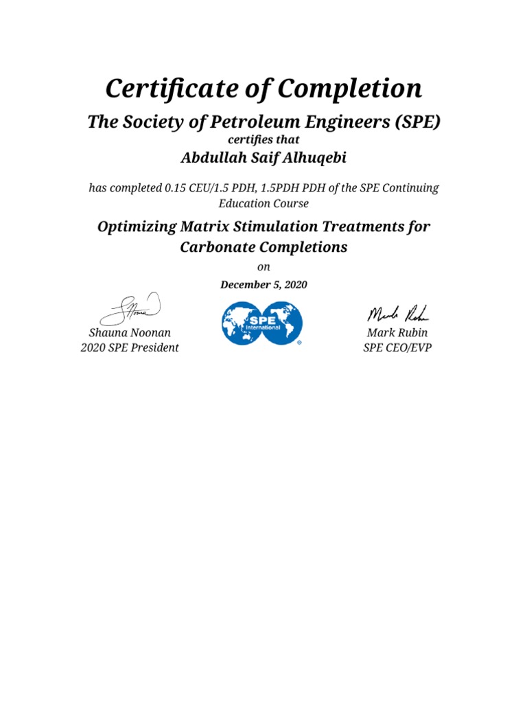 Certificate of Completion: The Society of Petroleum Engineers (SPE) | PDF