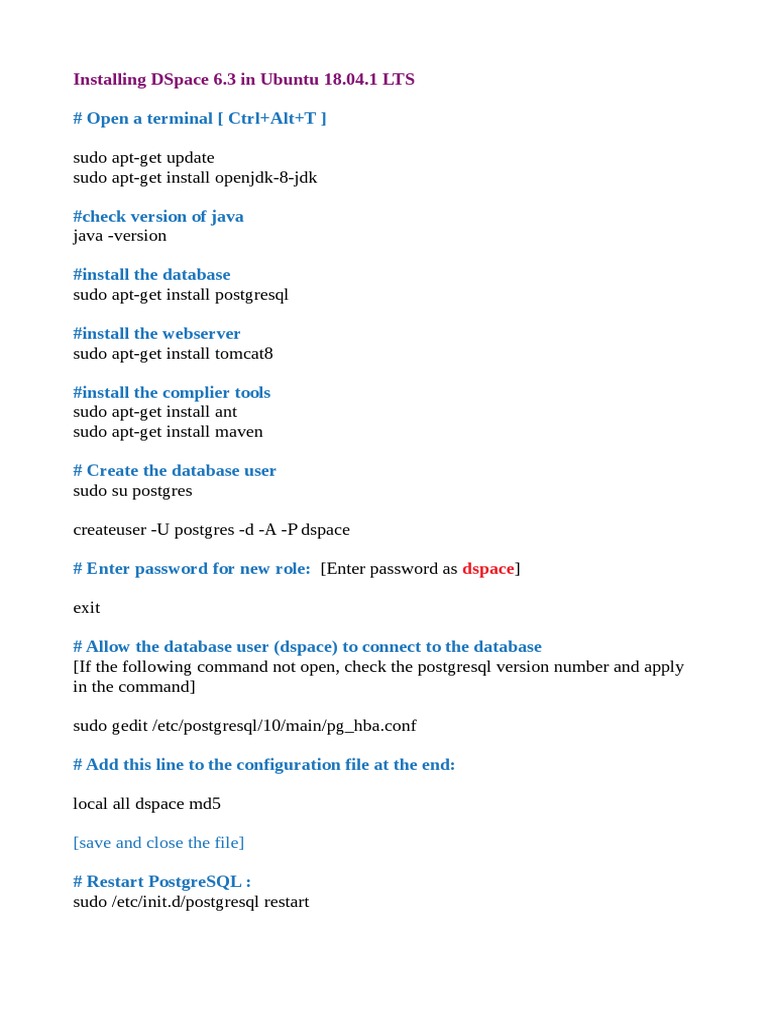 Installing Dspace 6.3 in Ubuntu 18.04.1 LTS: (Save and Close The File) | PDF | Sudo | Postgre Sql