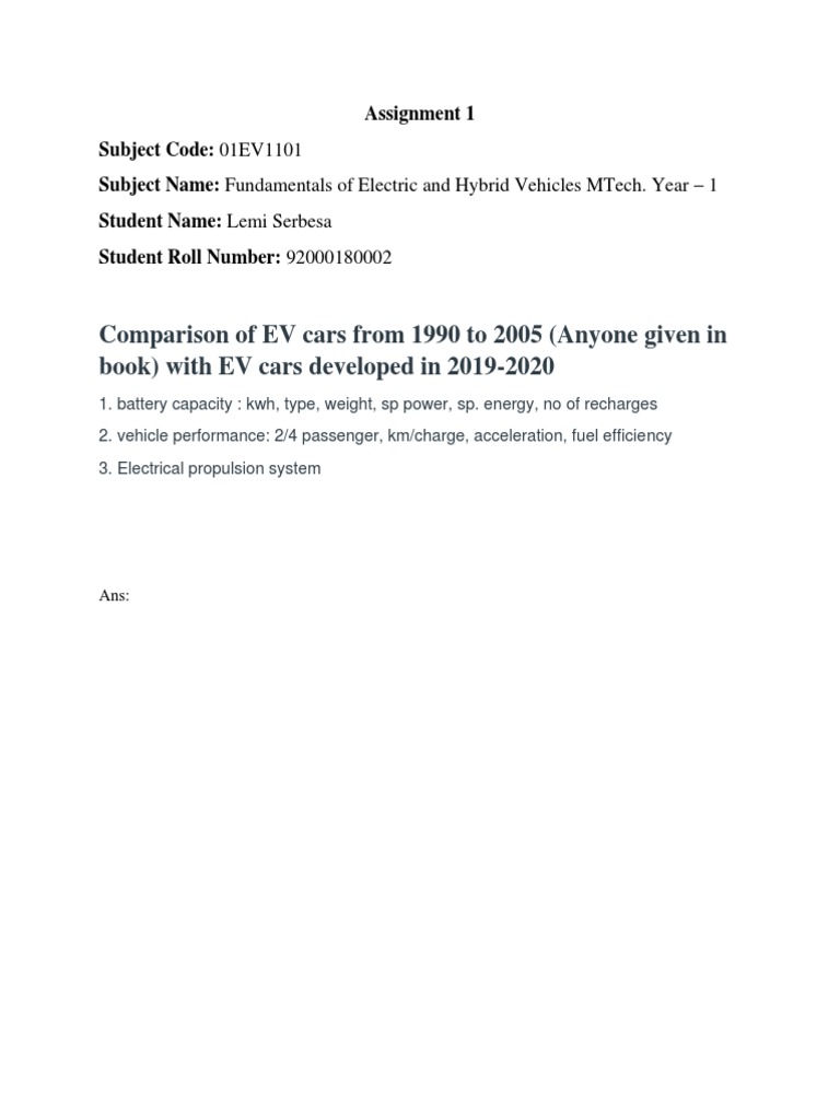 Assignment 1 - EV | PDF | Electric Vehicle | Hybrid Vehicle