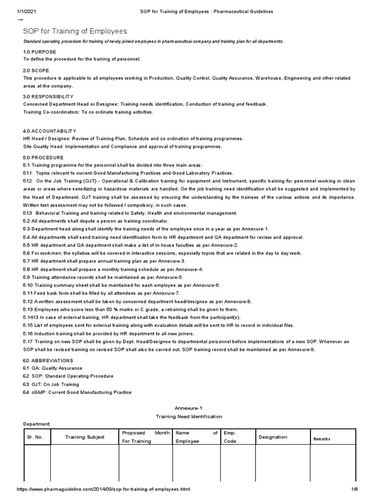 SOP For Training of Employees - Pharmaceutical Guidelines | PDF ...