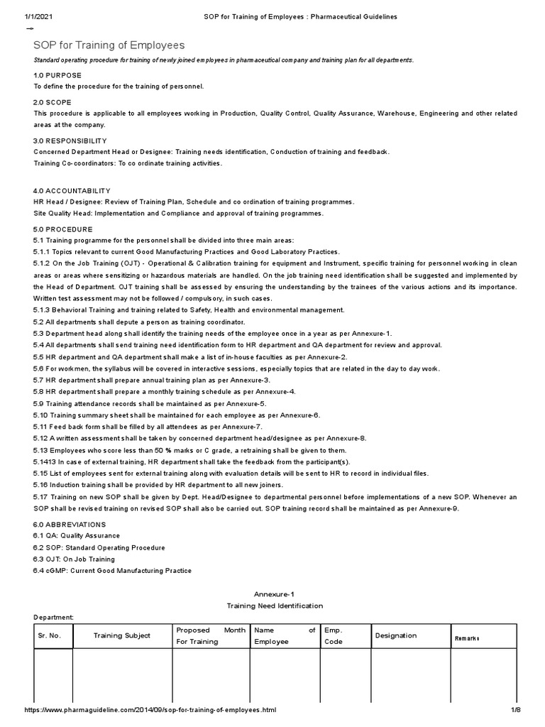 SOP For Training of Employees - Pharmaceutical Guidelines | PDF ...