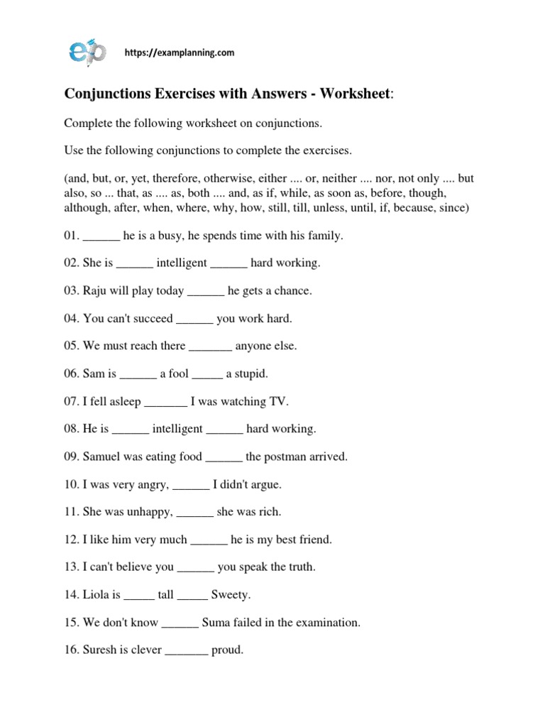 Conjunctions Exercises With Answers - Worksheet | PDF