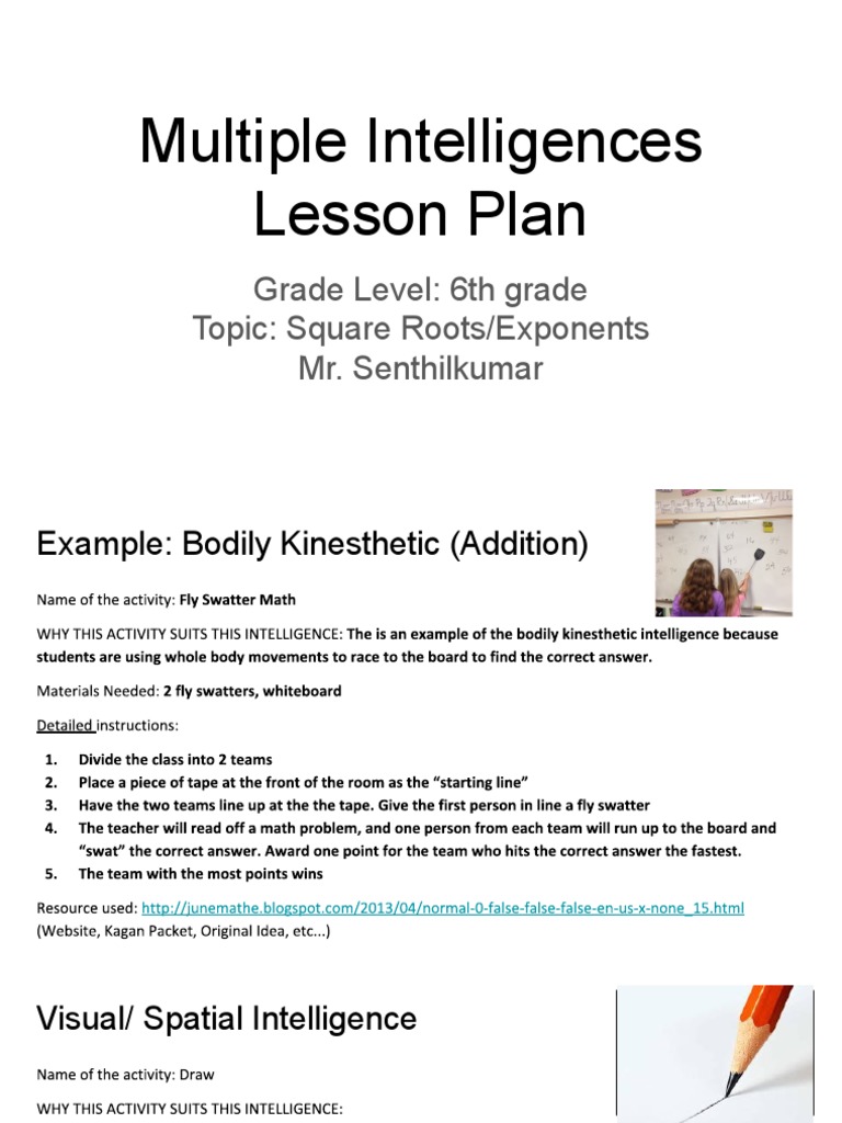 Multiple Intelligences Lesson Plan: Grade Level: 6th Grade Topic ...
