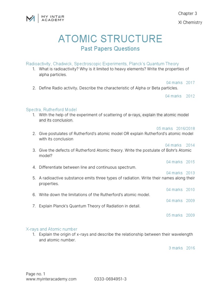 Atomic Structure: Past Papers Questions | PDF | Atomic Orbital | Atoms