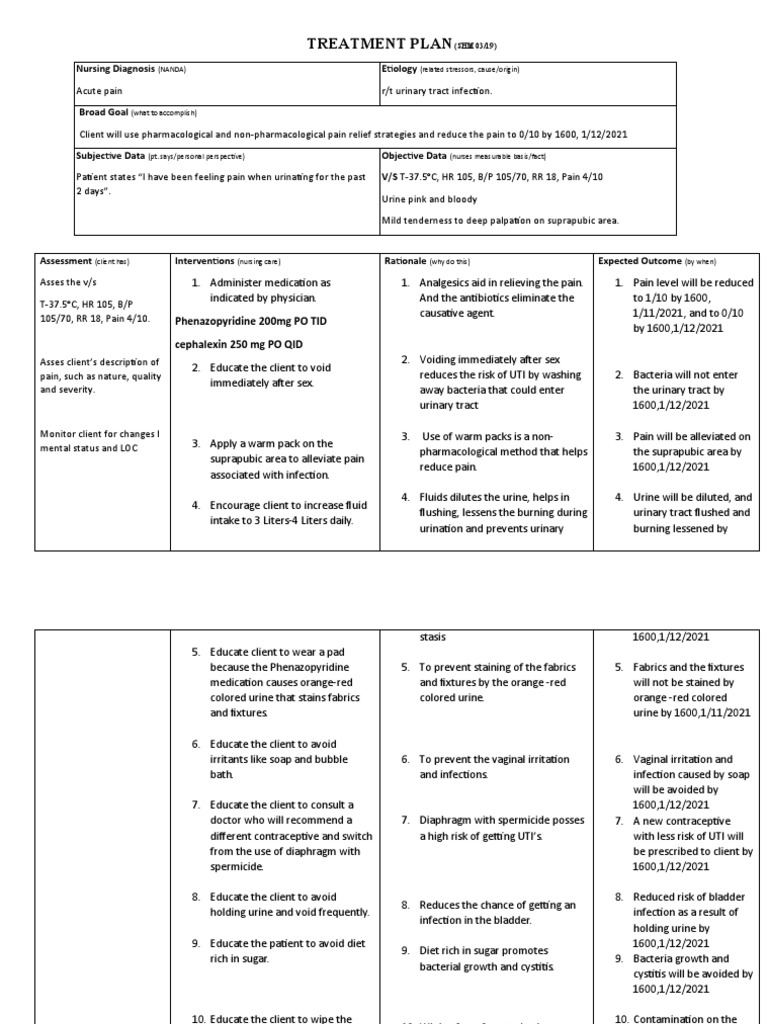 Nursing Care Plan For UTI | PDF | Urinary Tract Infection | Medical ...
