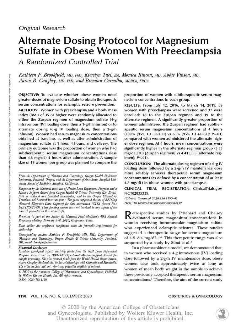 Alternate Dosing Protocol For Magnesium Sulfate In.18 PDF | PDF | Body ...