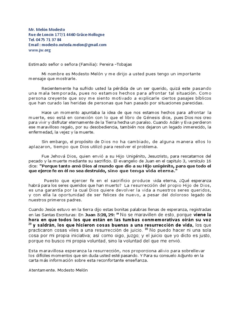 Carta de Consuelo Por La Perdida de Un Ser Querido 11 | PDF ...