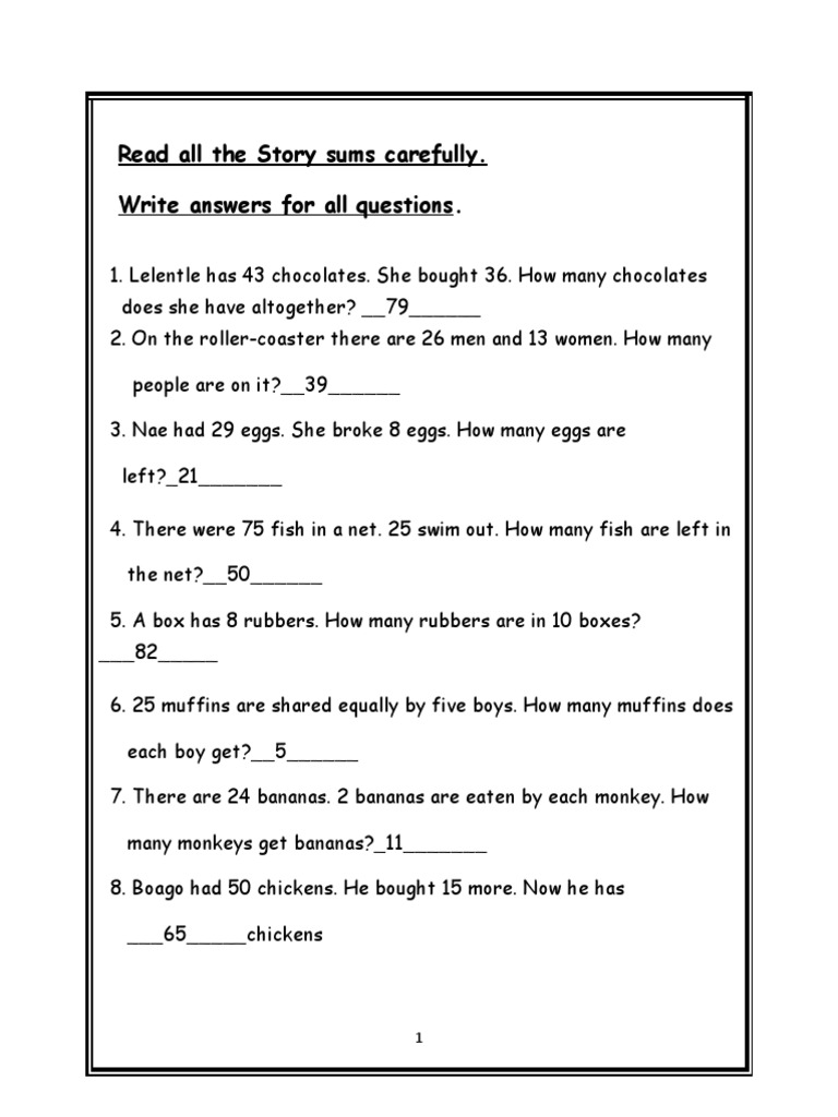 Read All The Story Sums Carefully. Write Answers For All Questions | PDF