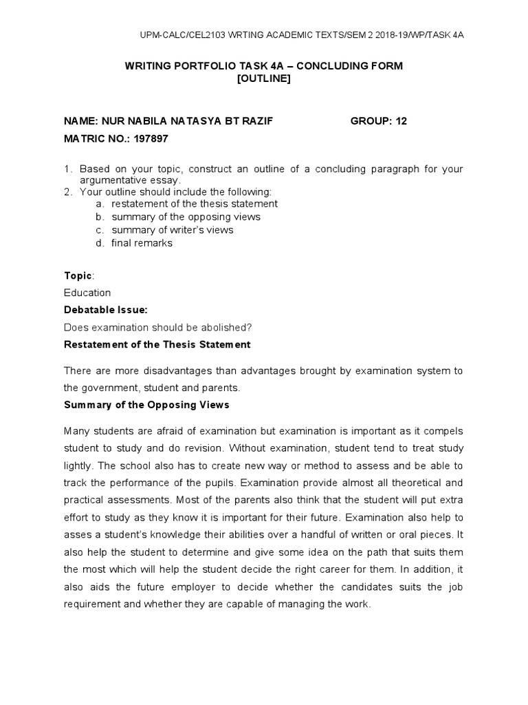 Writing Portfolio Task 4A - Concluding Form (Outline) : Does ...