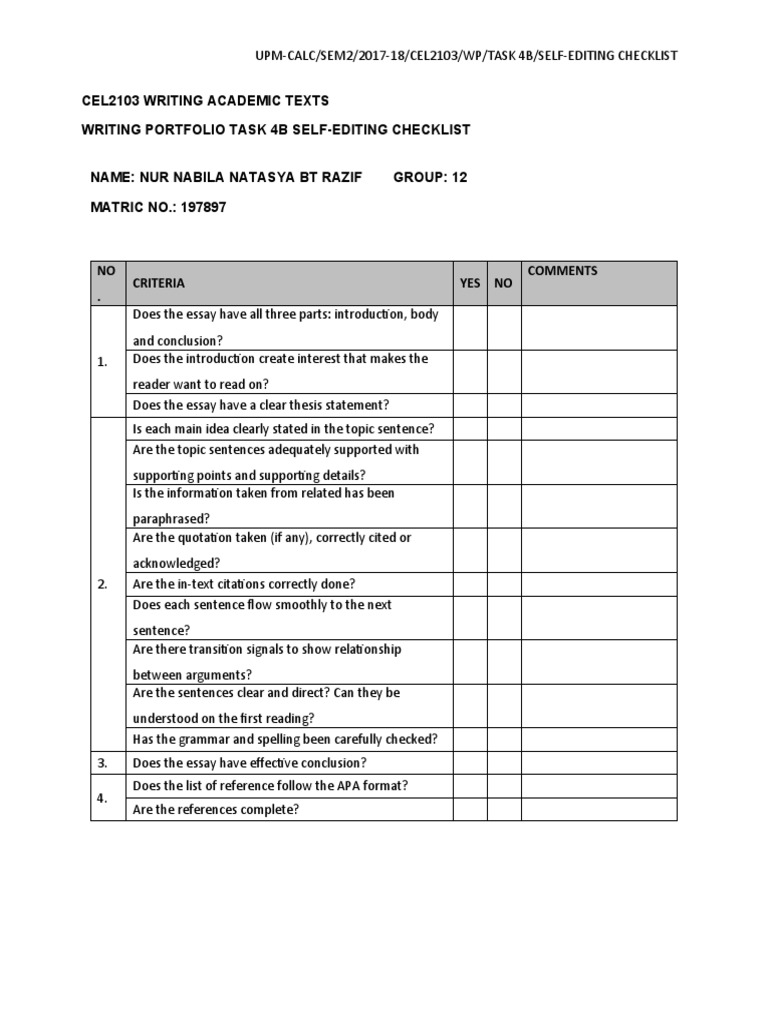 Cel2103 Writing Academic Texts Writing Portfolio Task 4B Self-Editing ...