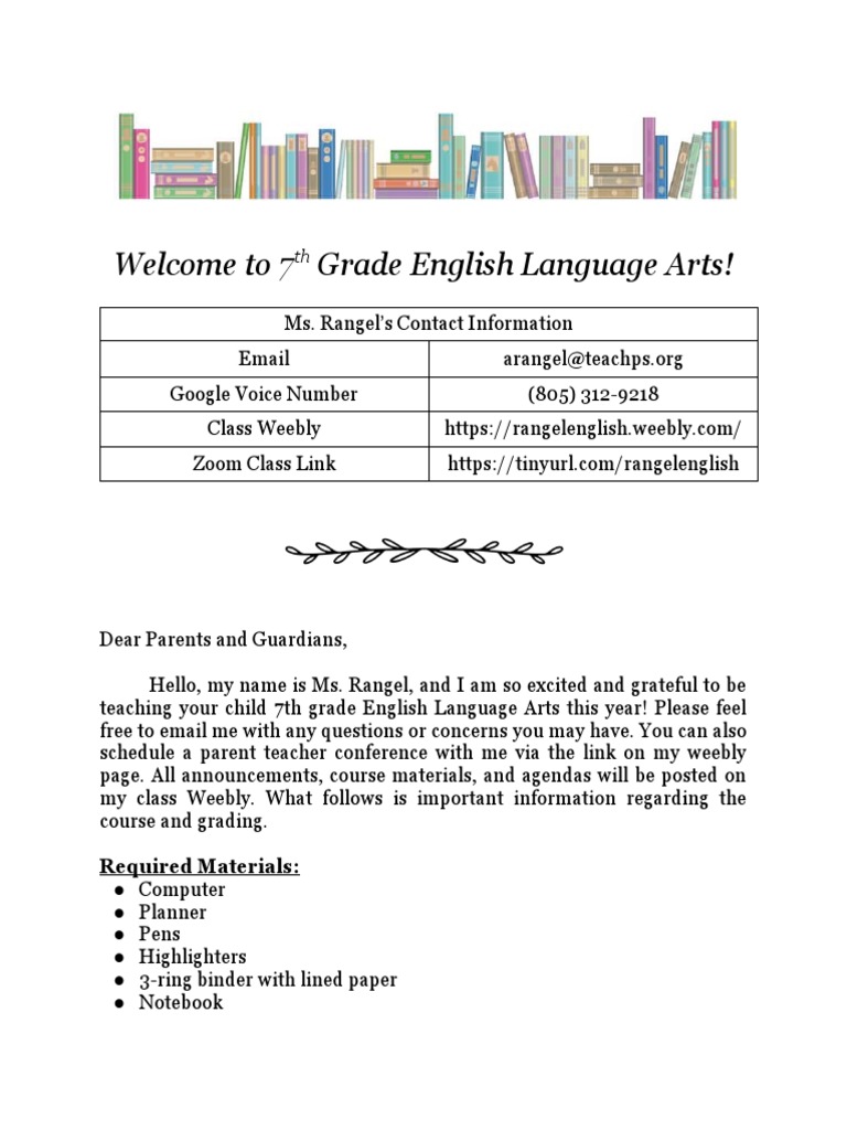 Welcome To 7 Grade English Language Arts!: Required Materials | PDF ...