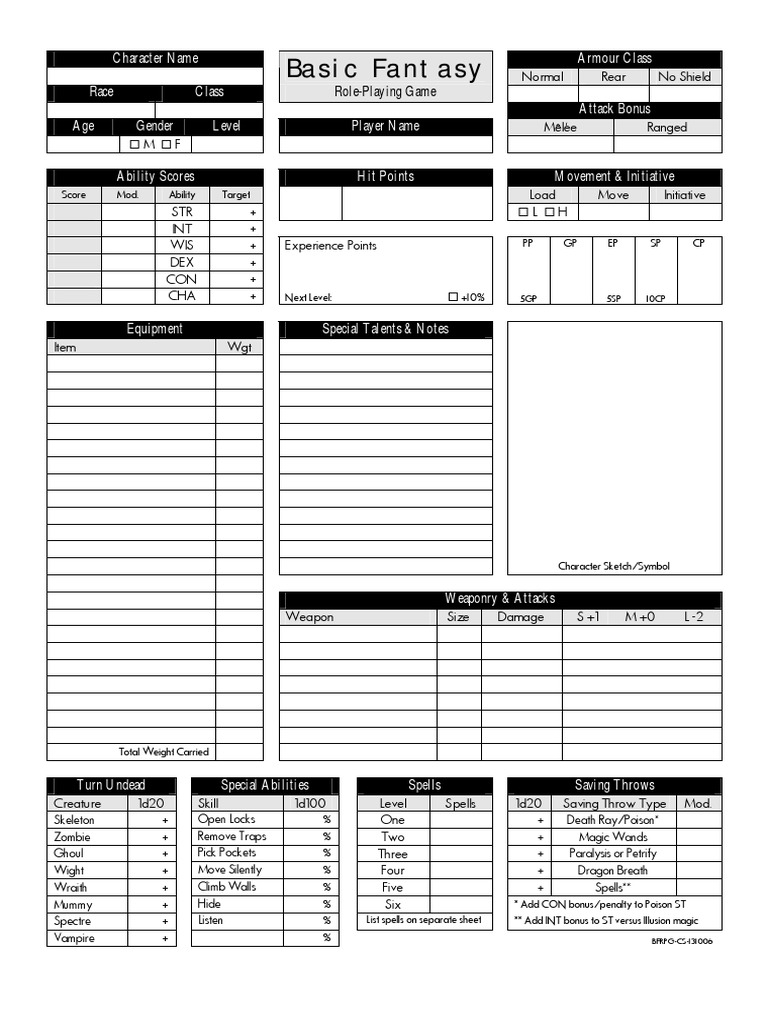 Basic Fantasy Character Sheet 3 PDF | PDF | Leisure Activities ...