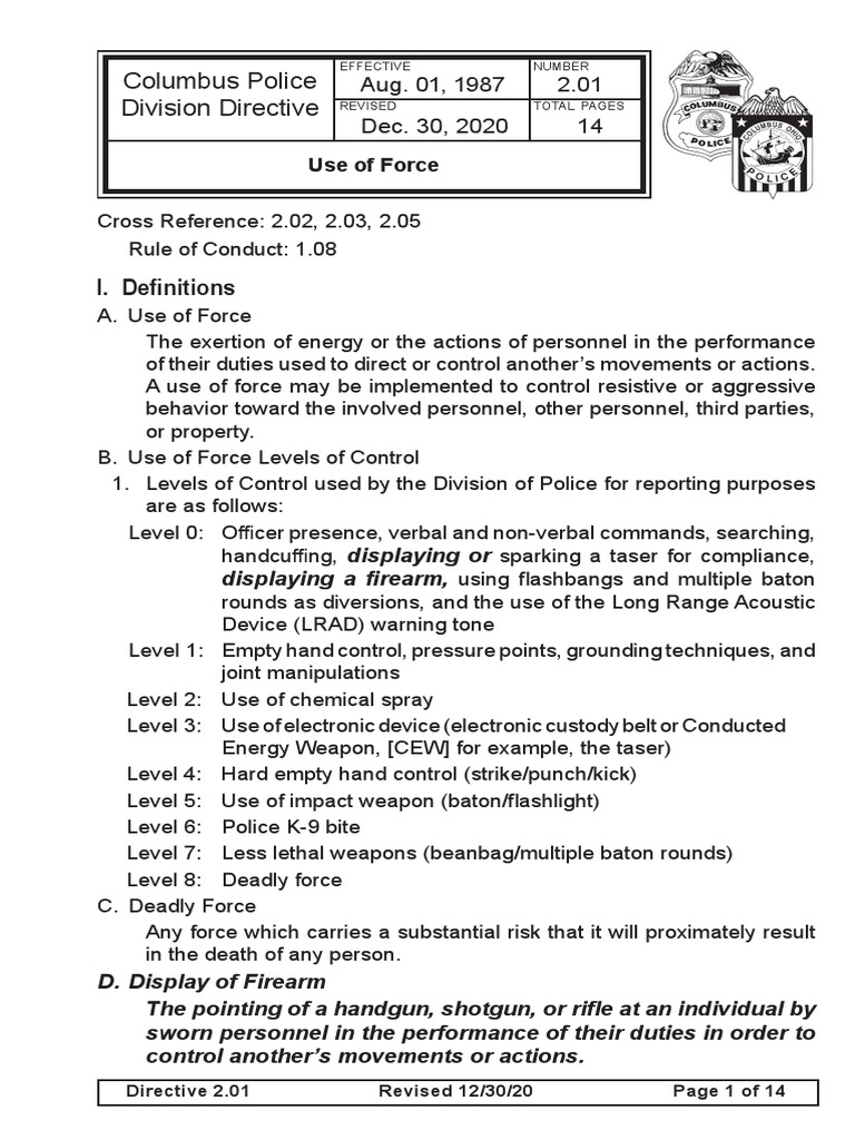 Columbus Police Division Directive: I. Definitions | PDF | Deadly Force ...
